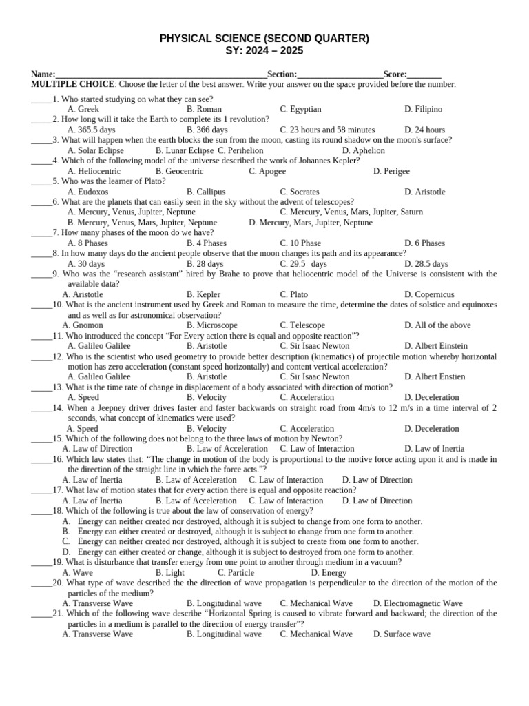 Physical Science Exam - Copy | PDF | Waves | Light