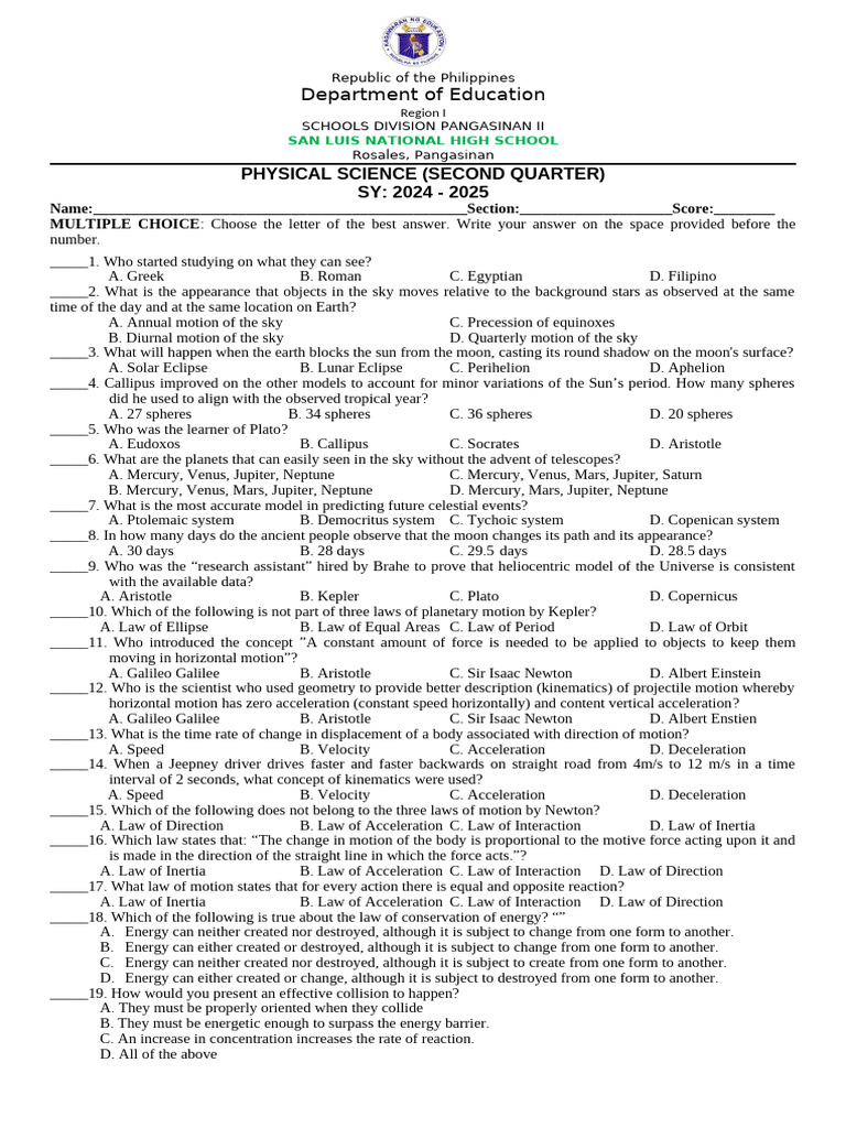 Physical Science Exam | PDF | Light | Speed Of Light