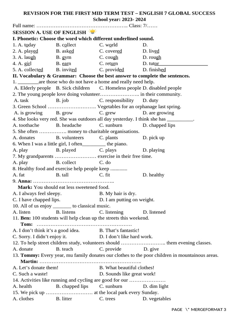 Revision For The First Midterm Test - English 7 Global-2023-2024 | PDF ...