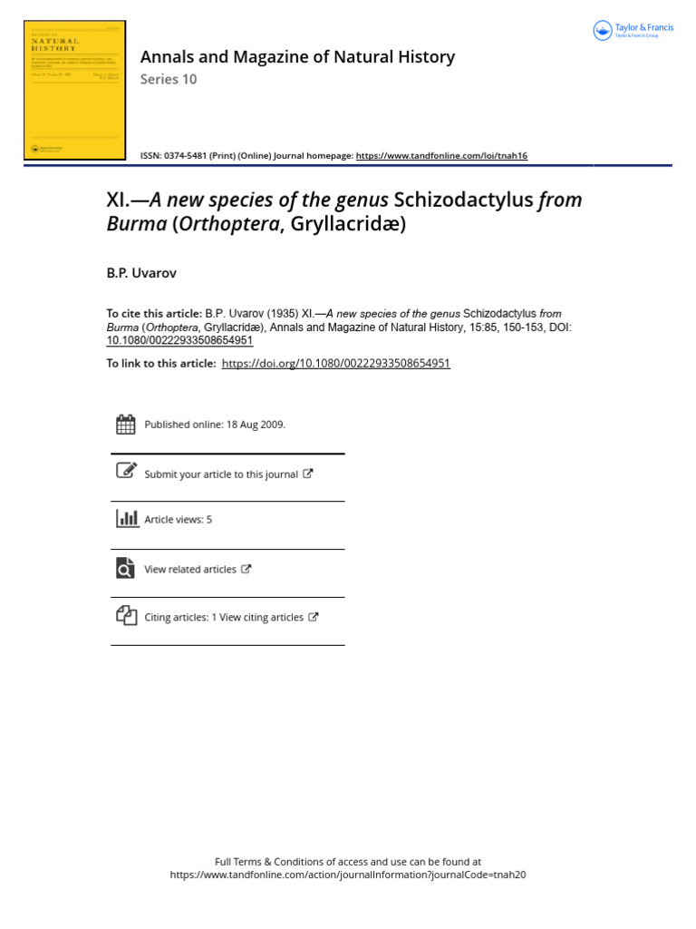 1935 A New Species of The Genus Schizodactylus From Burma Orthoptera ...