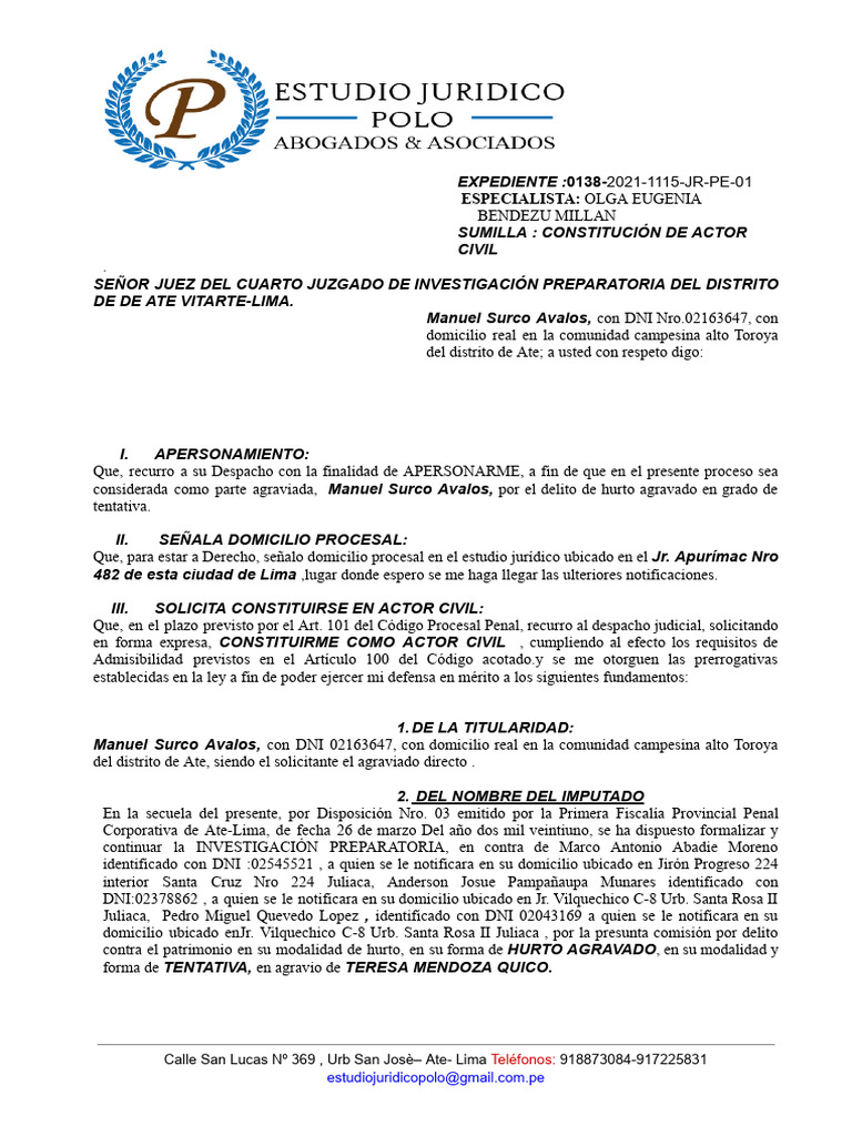 Constitucion de Actor Civil Manuel Surco Avalos | PDF | Ley procesal ...