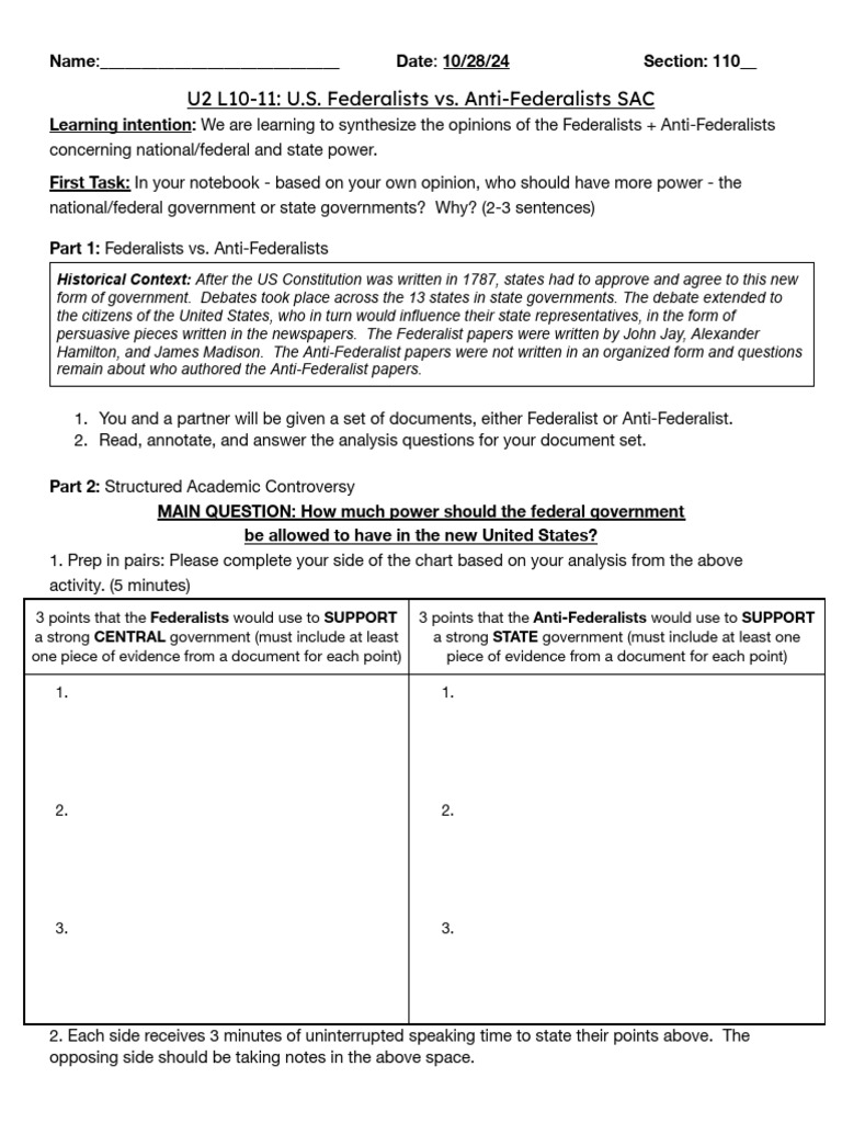 10 - 28 - U2 L10-11 - U.S. Federalists vs. Anti-Federalists SAC | PDF ...