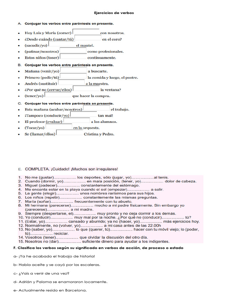 Ejercicios de verbos I | PDF