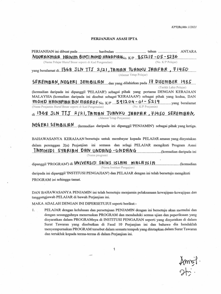 Contoh Borang Perjanjian Program Asasi IPTA | PDF
