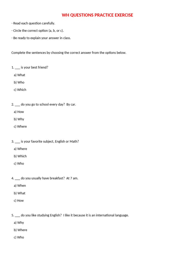 WH QUESTIONS PRACTICE EXERCISE - Tagged | PDF