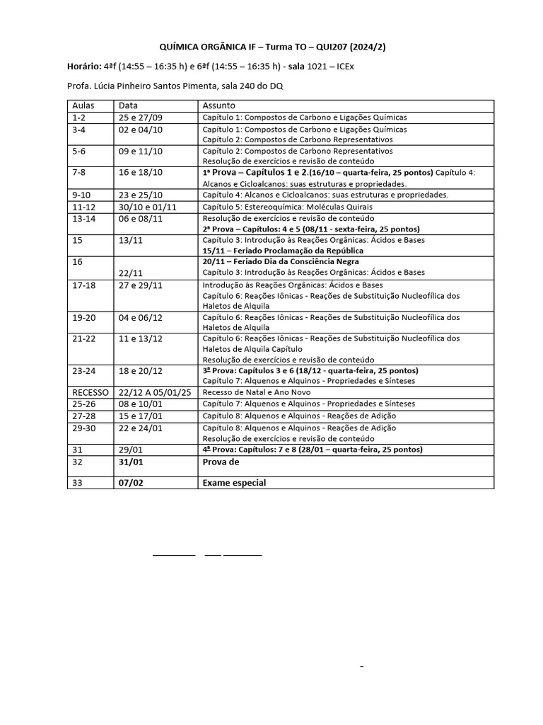 Cronograma - QUI207 2024 2 | PDF | Química | Moléculas