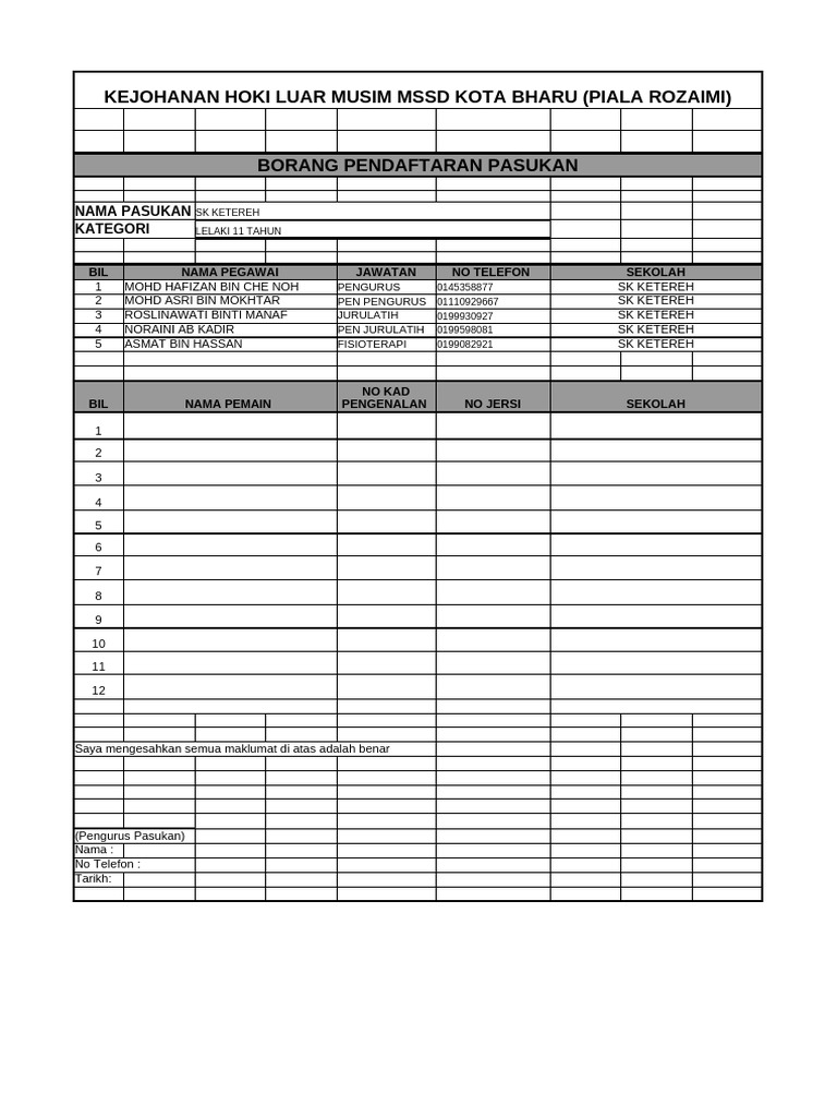 Borang Pendaftaran Kejohanan Hoki MSSD Kota Bharu | PDF