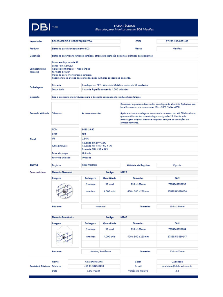 DBI Medical - Fichas Tecnicas - Eletrodo-MP22 - MP40 | PDF