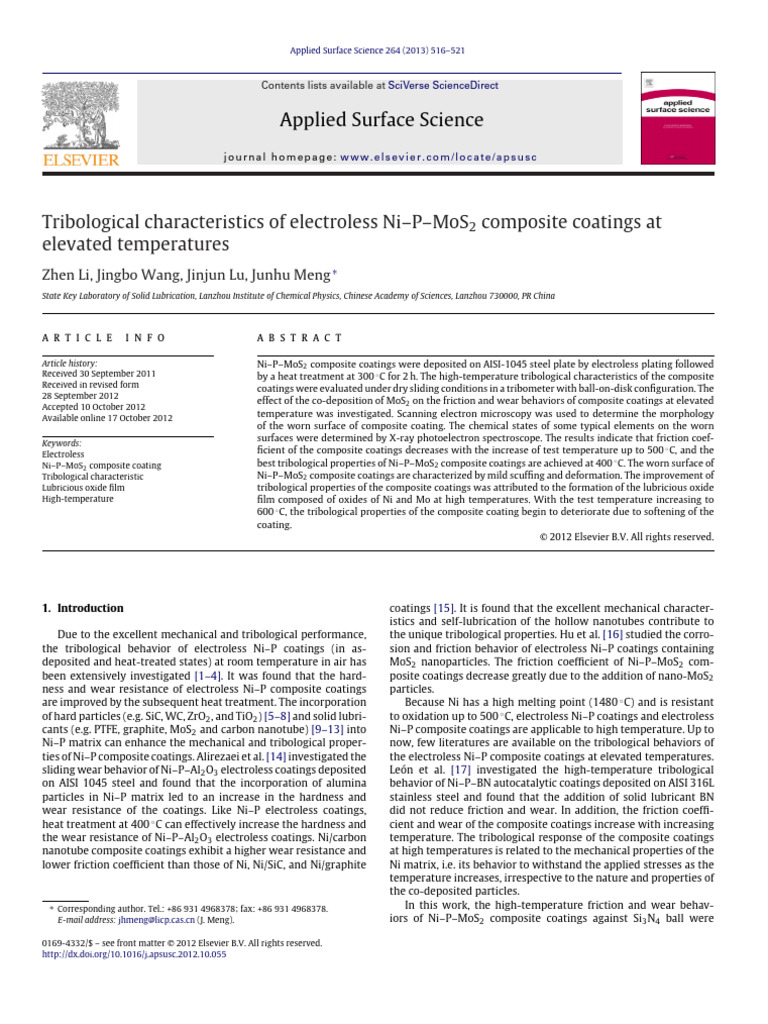 Tribological Characteristics of Electroless Ni-P-MoS2 Composite ...