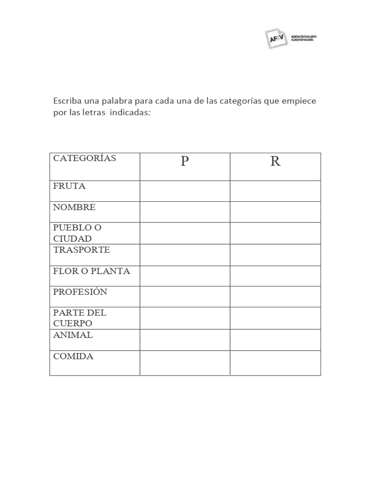 Palabras por Categoría y Letra | PDF