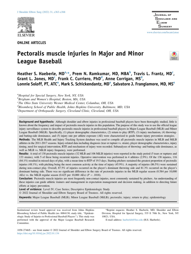 Pectoralis Muscle Injuries in Major and Minor League Baseball | PDF ...