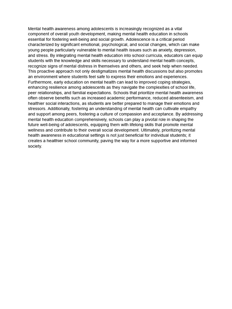 Mental health awareness among adolescents is increasingly recognized as ...