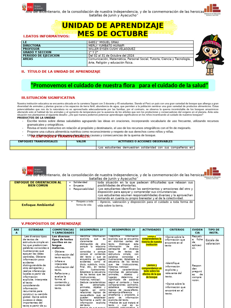 UNIDAD DE APRENDIZAJE MES DE OCTUBRE 1° Y 2° GRADO | PDF | Aprendizaje | Información