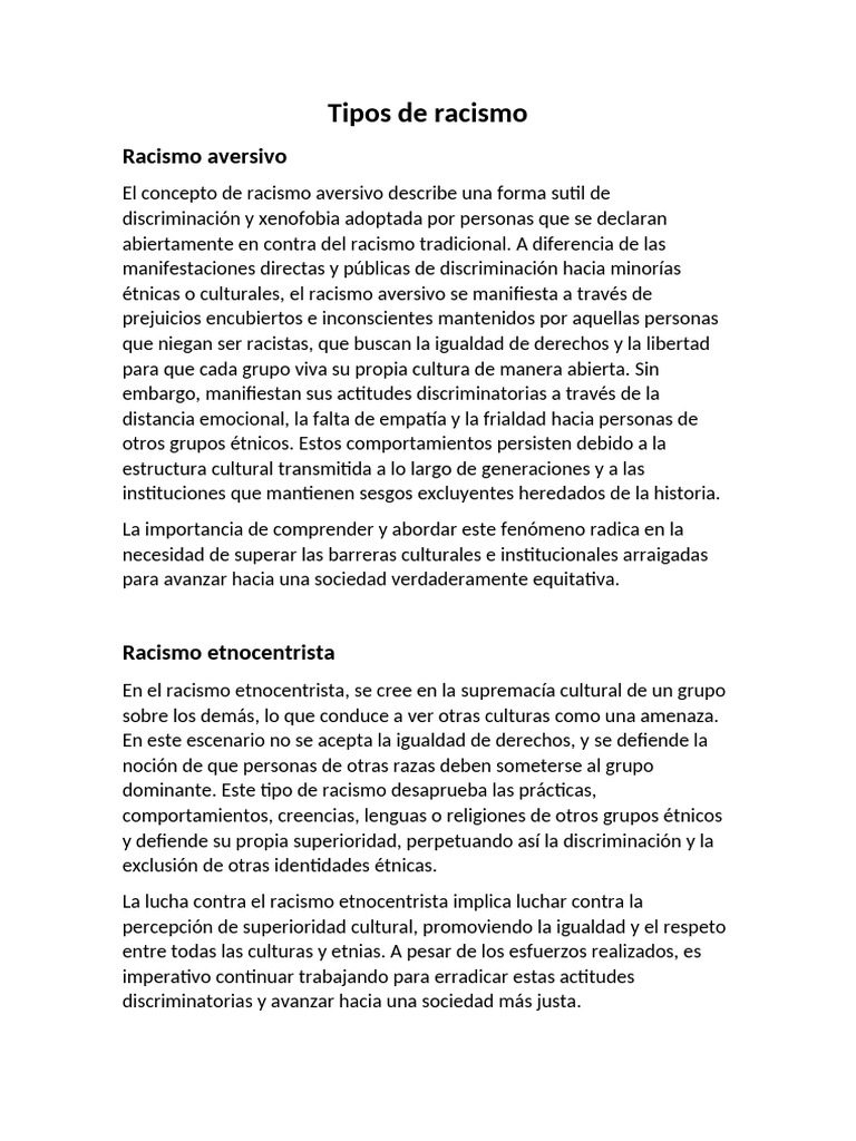 Tipos de Racismo | PDF | Discriminación y relaciones raciales | Racismo