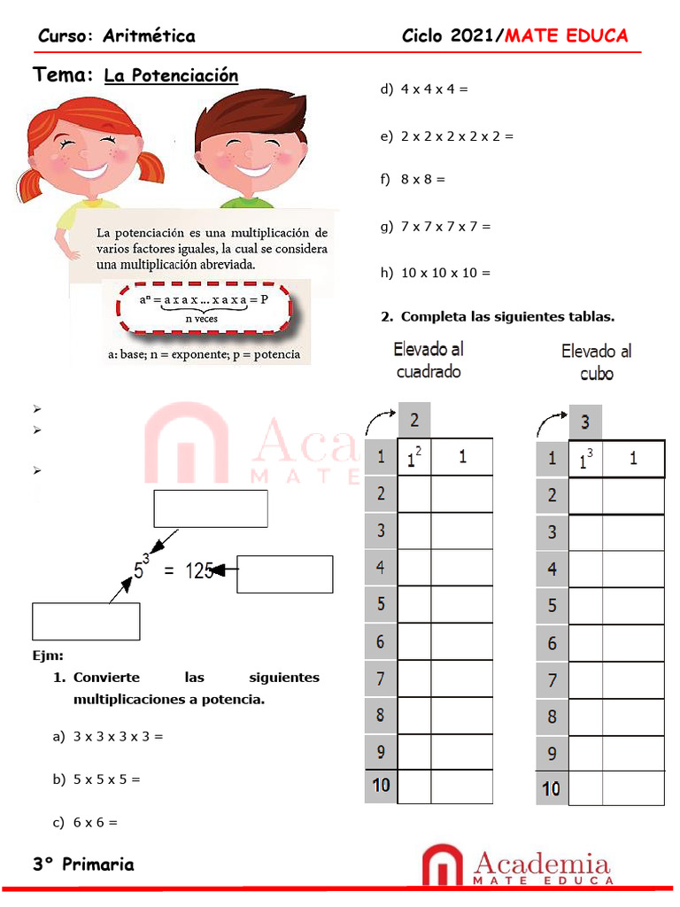 3° Aritmética - Potenciación | PDF | Exponenciación | Aritmética