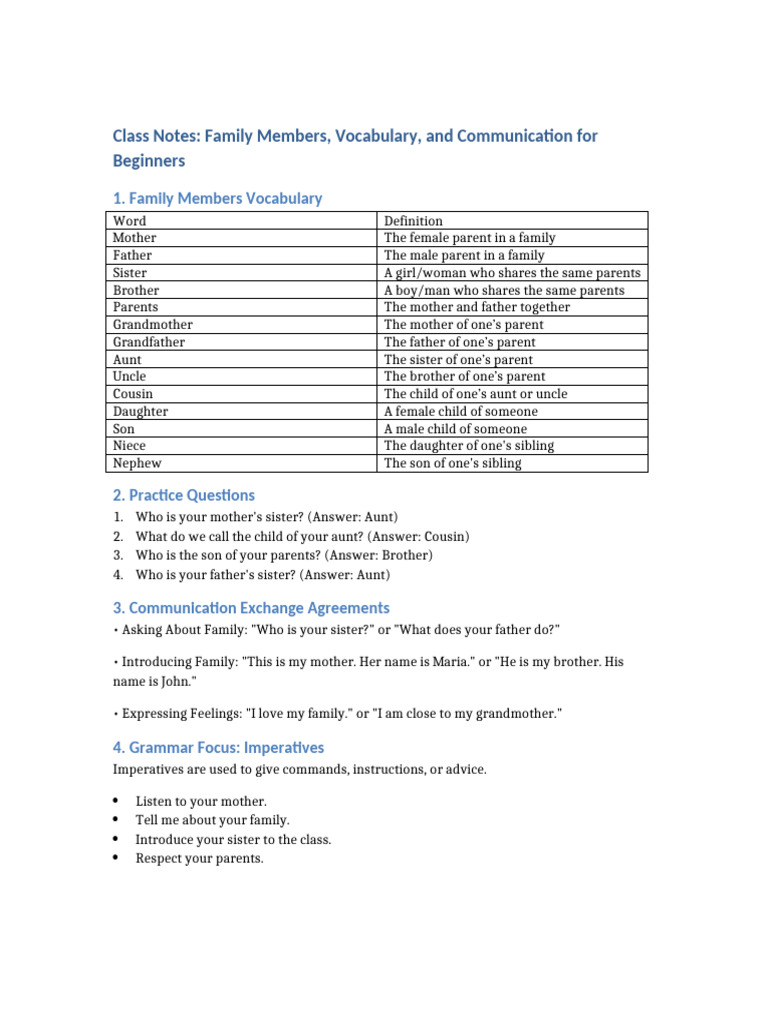 Family_Members_Beginner_Class_Notes | PDF