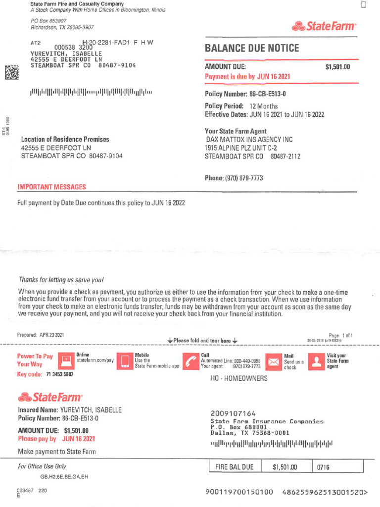 State Farm Renewal Declaration Coverage from 06-16-21 to 06-16-22 ...