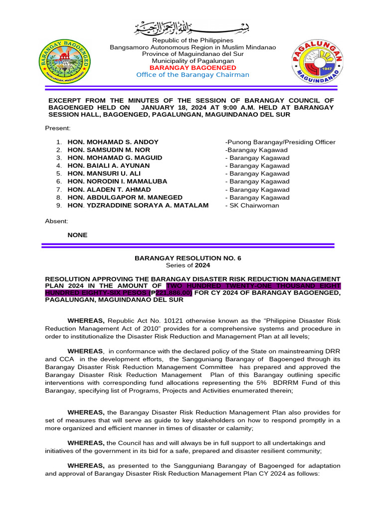 Barangay Bagoenged Disaster Plan 2024 | PDF | Emergency Management ...