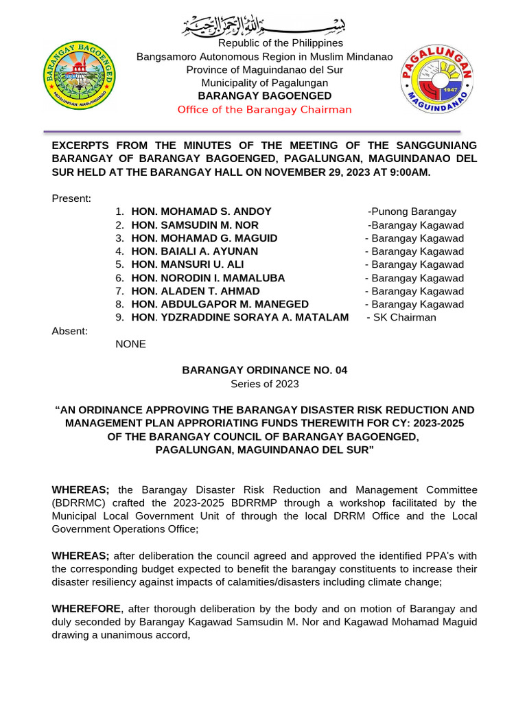 Barangay Bagoenged Disaster Plan Approval | PDF | Government