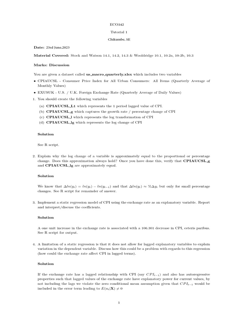 ECO342_Tutorial_1_2023_Solutions | PDF | Autocorrelation | Autoregressive Model