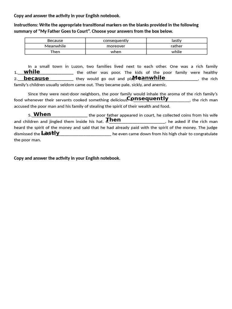 Worksheet Transitional Markers | PDF