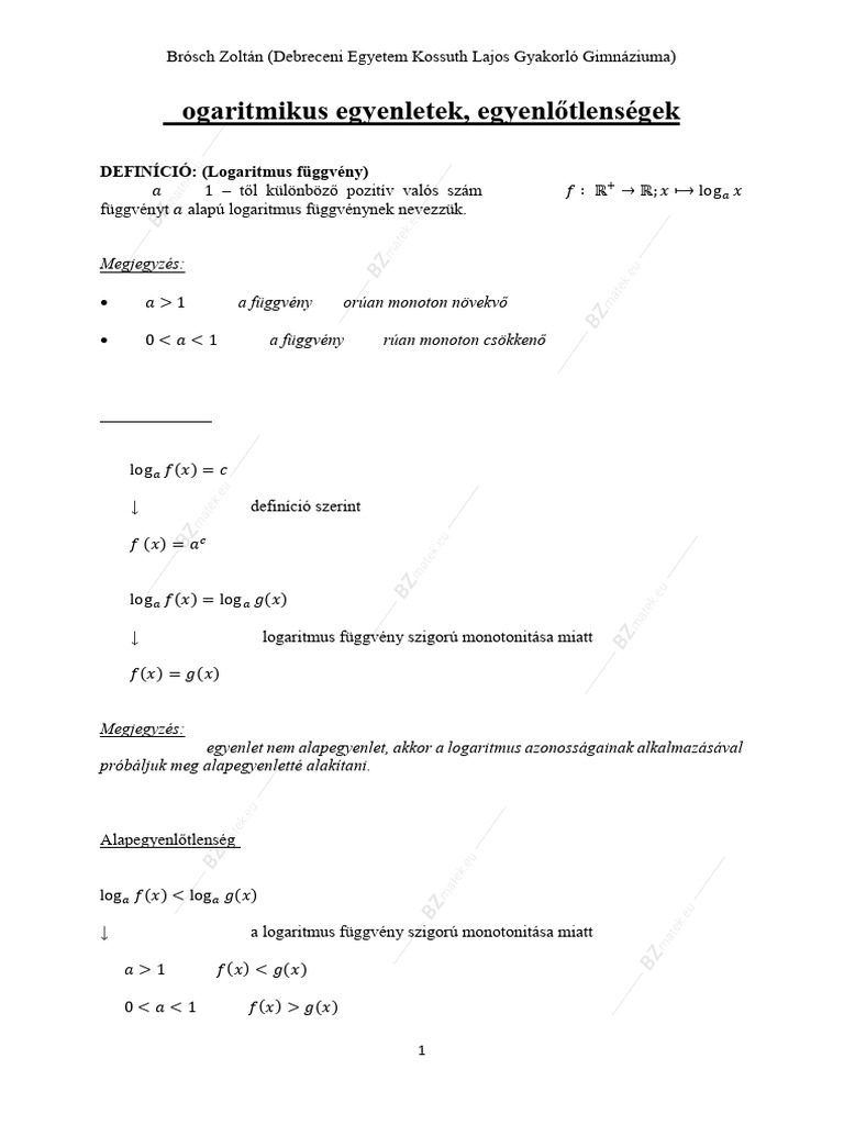 Egyenletek XIX. Logaritmikus Egyenletek E 1 | PDF