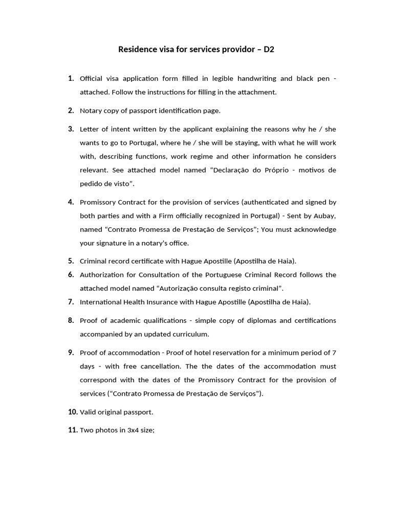 Documents List D2 Visa | PDF