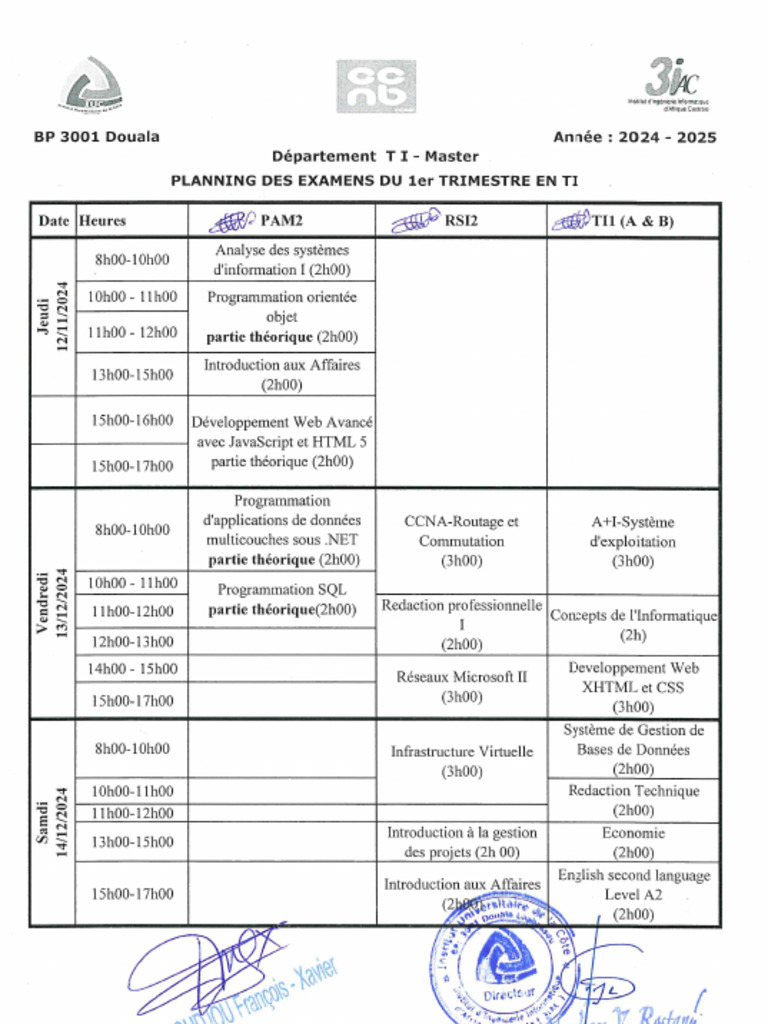 Planning Examen Trim1 | PDF