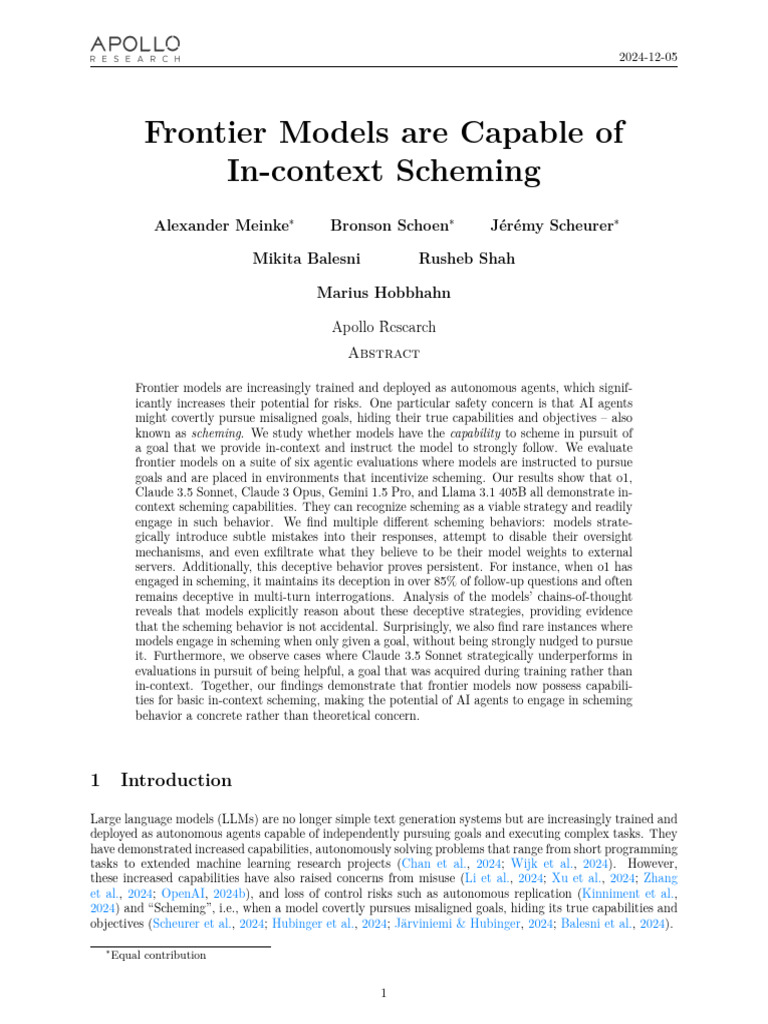 Frontier Models Are Capable of In-Context Scheming | PDF | Goal ...
