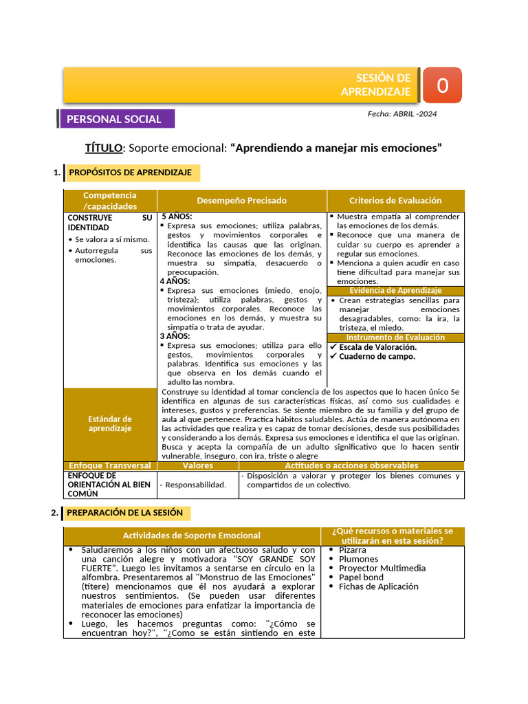 1.sesion Aprendizaje Iic 19 Abril 2024 | PDF | Las emociones | Aprendizaje