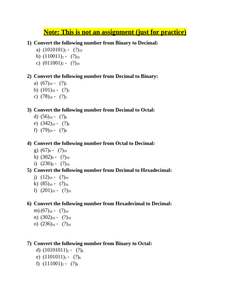 Binary, Decimal, Octal, Hex Conversions | PDF