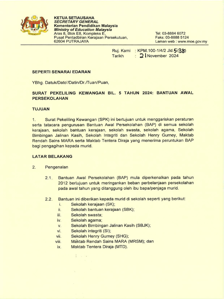 Surat Pekeliling Kewangan Bil.5 Tahun 2024 - Bantuan Awal Persekolahan | PDF
