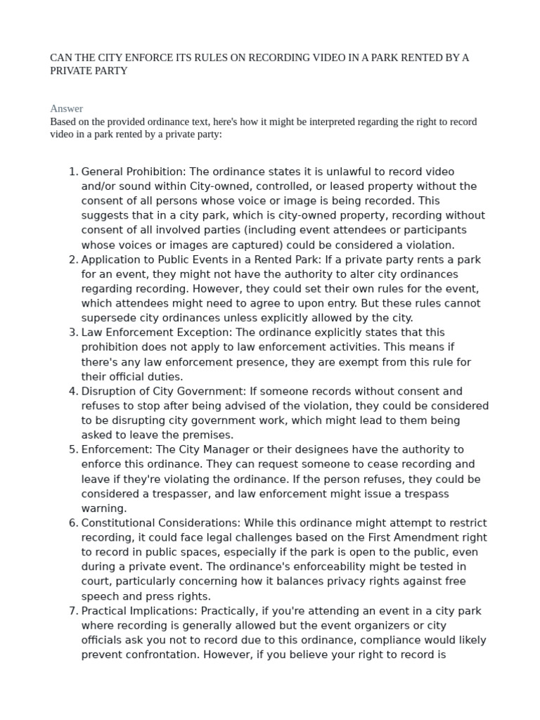 Ai Agrees Rules Ban Filming Aply To Rented Park | PDF | First Amendment ...