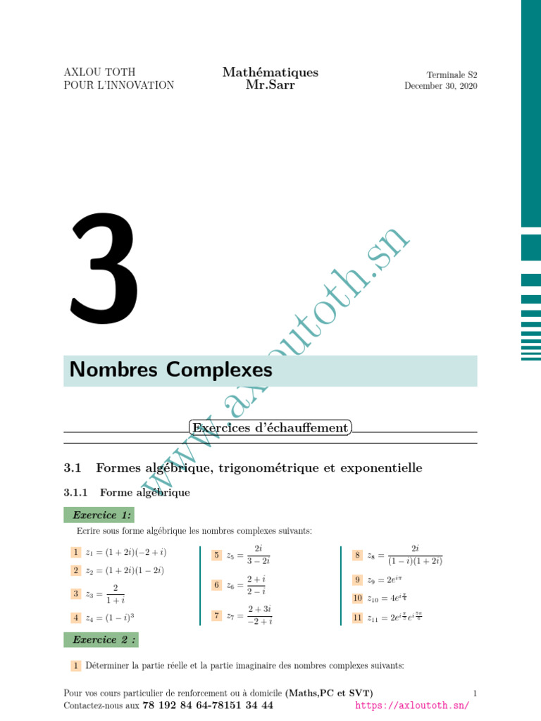 Serie D'exercices Nâ°1 Nombres Complexes | PDF | Nombre complexe | Équations