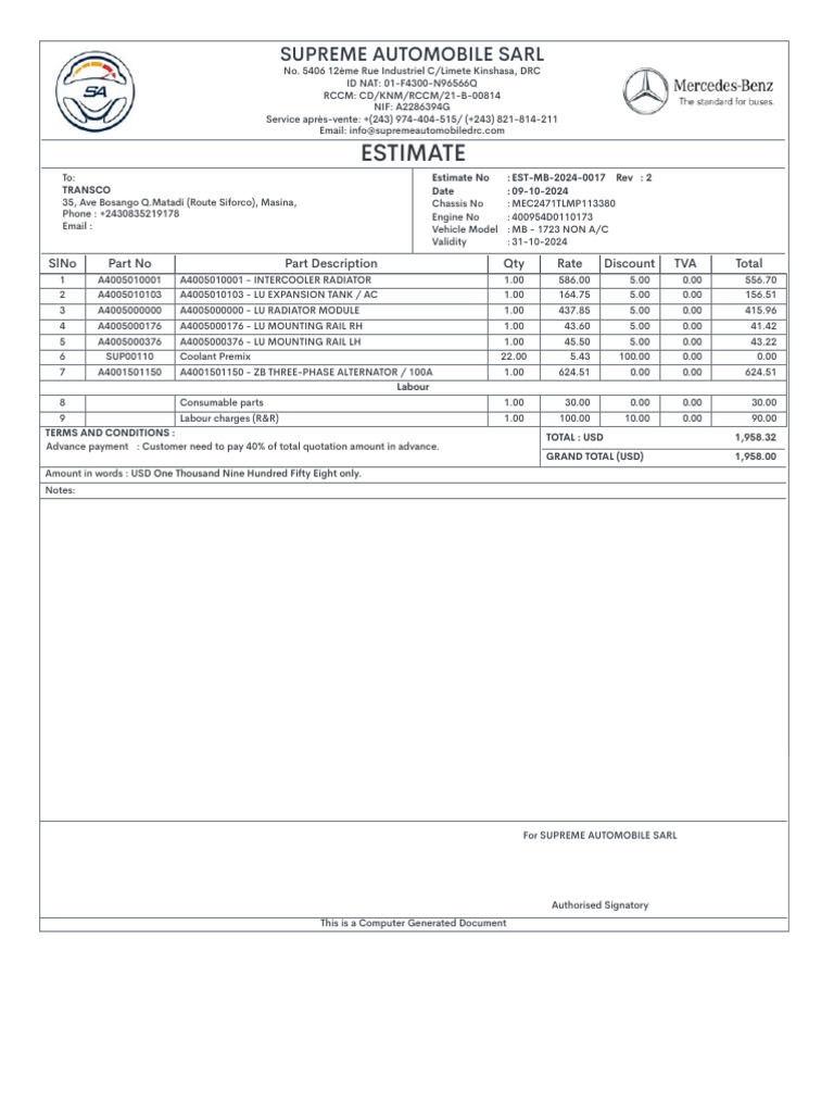 Radiator Parts Estimate for TRANSCO | PDF