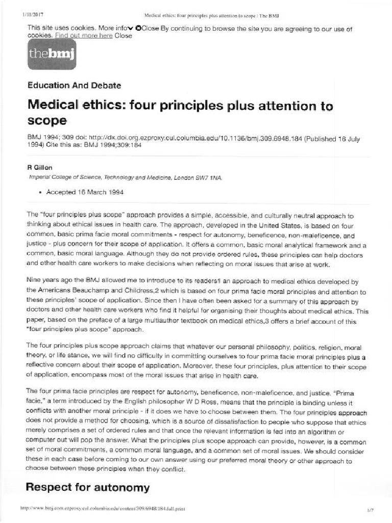 Medical Ethics: Four Principles Plus Attention To Scope | PDF