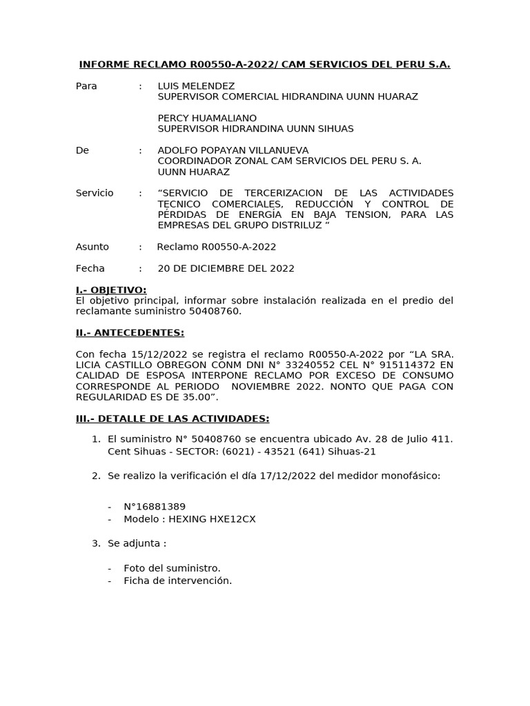 Informe Reclamo r00550 A 2022 | PDF