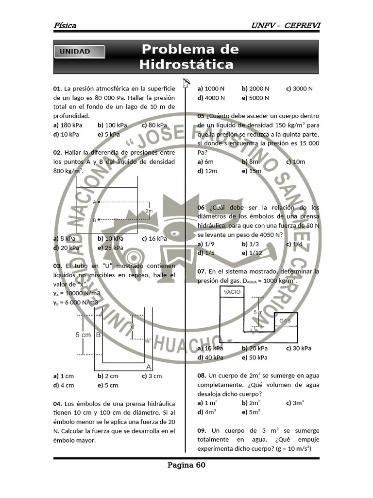 Unidad 12 Hidrostatica | PDF | Pascal (Unidad) | Densidad