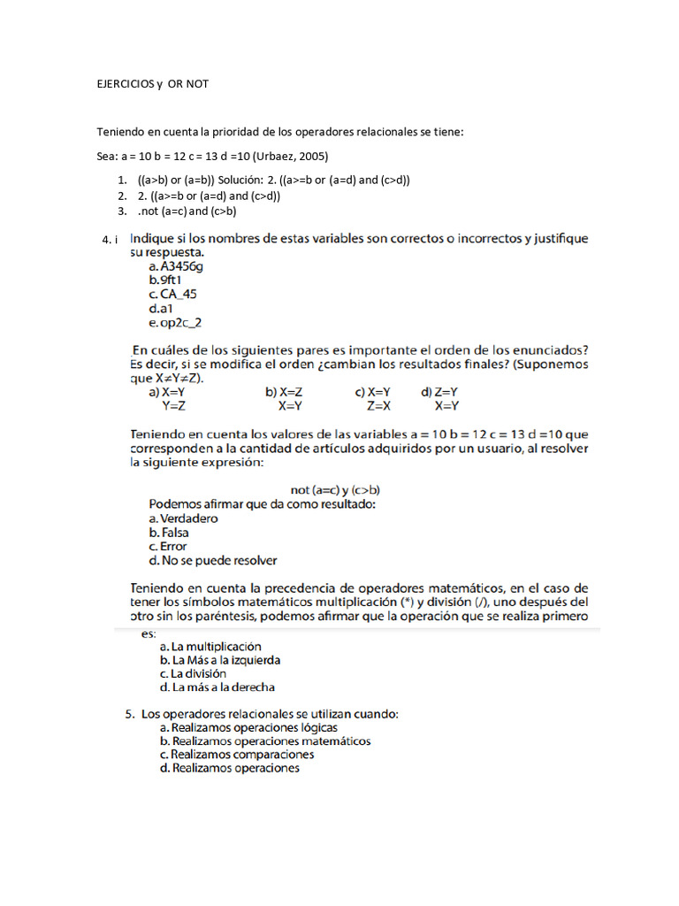 EJERCICIOS y OR NOT | PDF