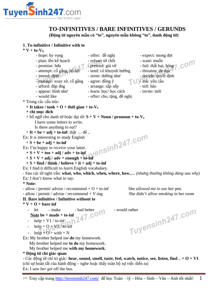 To Infinitives Bare Infinitives Gerunds | PDF | Vietnam