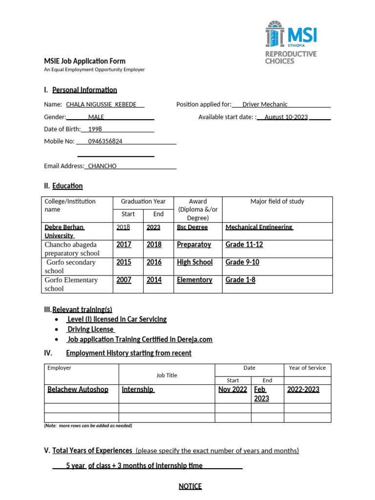Msie Job Application Form | PDF