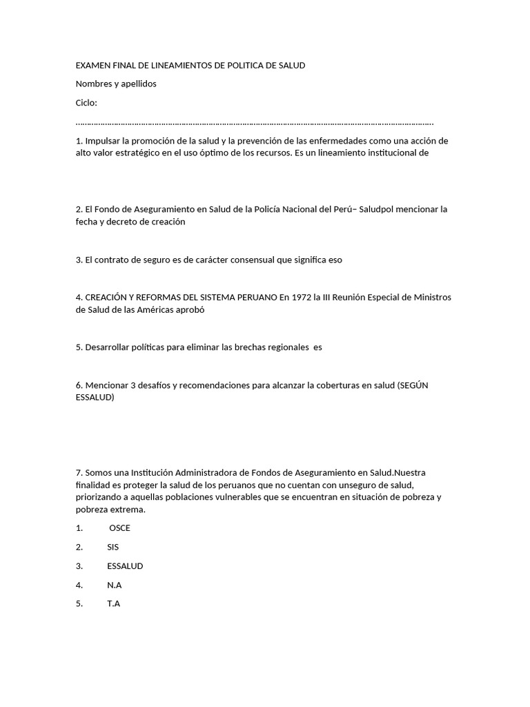 Examen Final de Lineamientos de Politica de Salud | PDF | Póliza de seguros