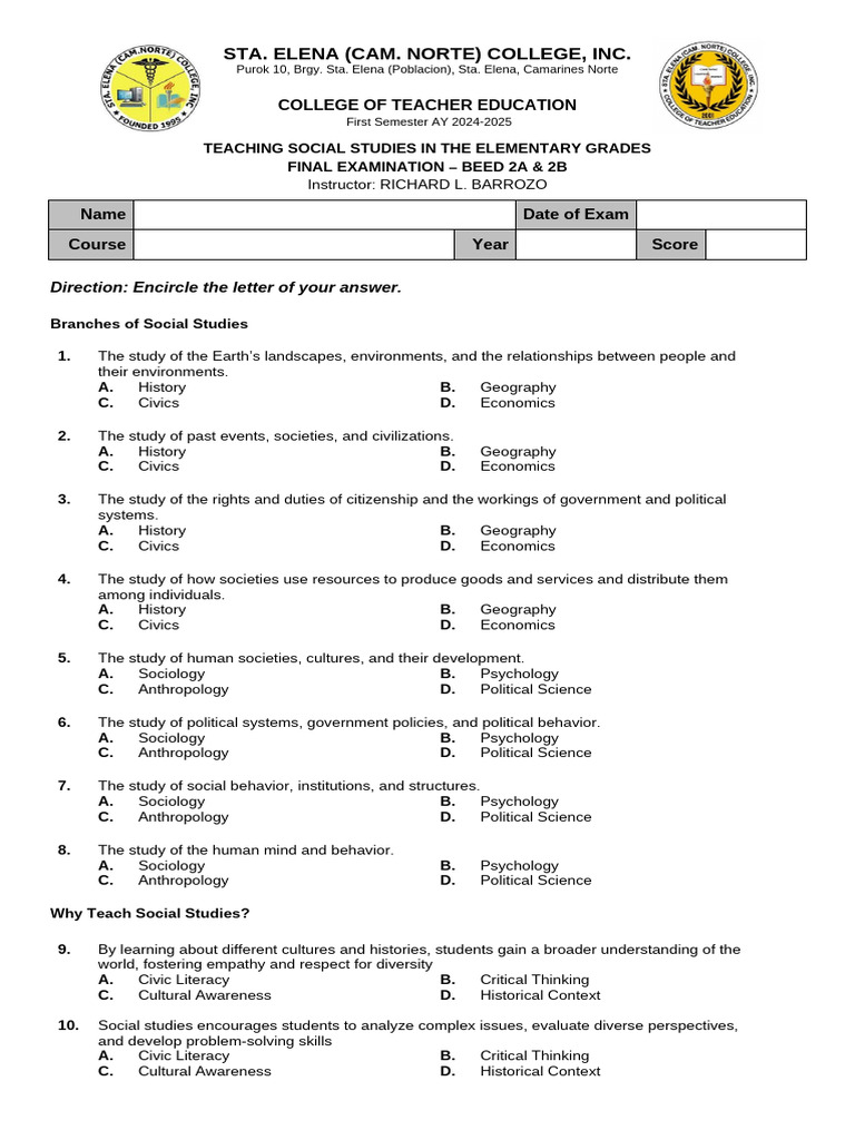 Final Exam: Teaching Social Studies | PDF | Constructivism (Philosophy ...