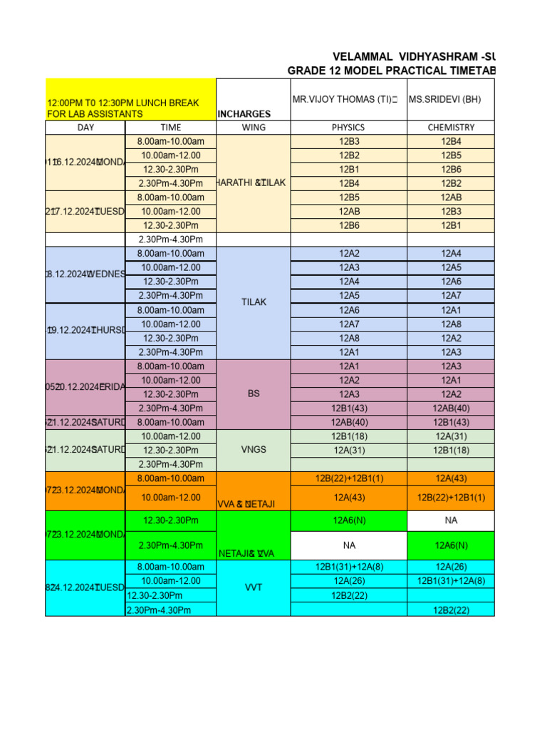 VVS Grade 12 Model Practicals Time Table 2024-25 | PDF