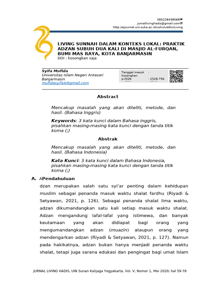Template Jurnal Living Hadis 2020 | PDF