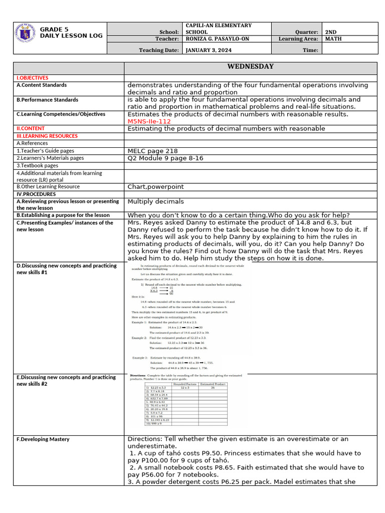 MATH-W5-DAY-1-2 | PDF | Learning | Teachers