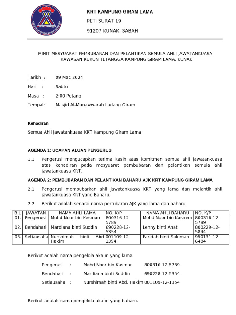 Minit Mesyuarat Pembubaran Dan Perlantikan Semula Ahli Jawatankuasa Kawasan Rukun Tetangga ...