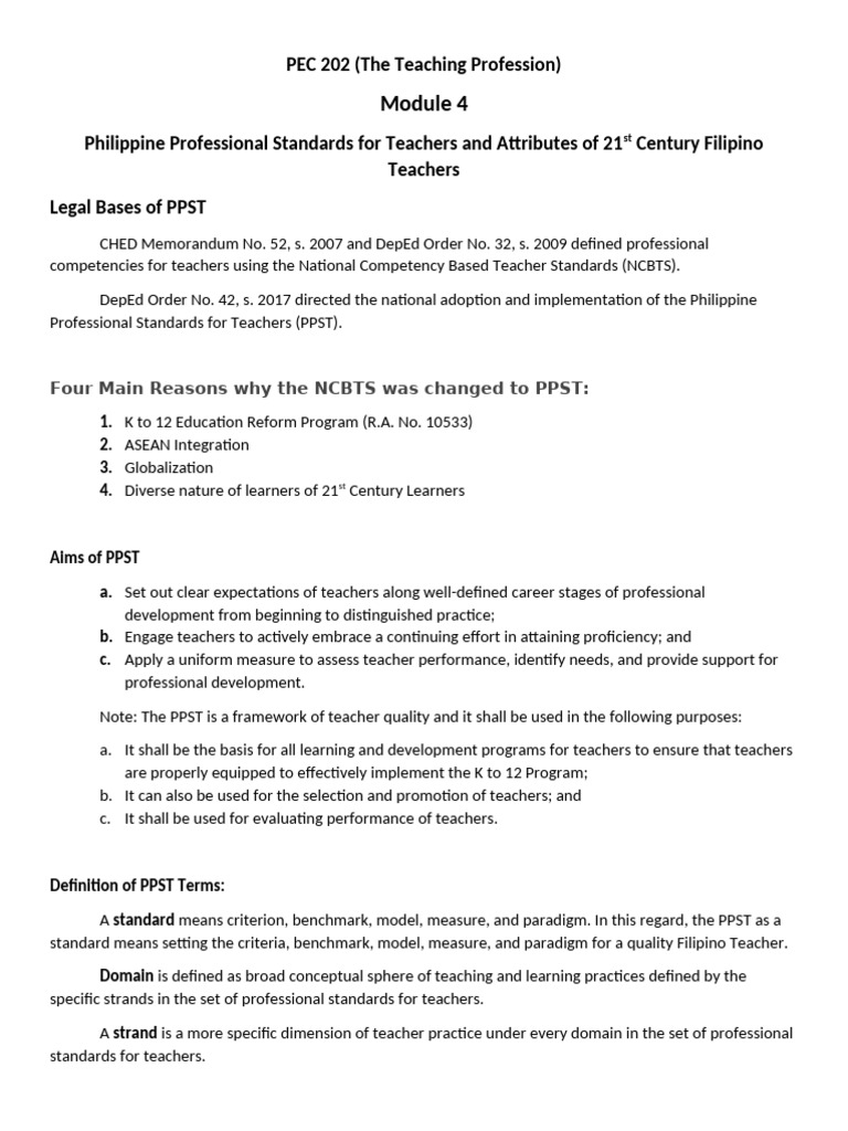 Module 4 (Philippine Professional Standards For Teachers and Attributes ...