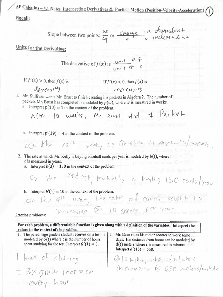 AP Calculus - 4.1 Notes Interpreting Derivatives & Particle Motion ...