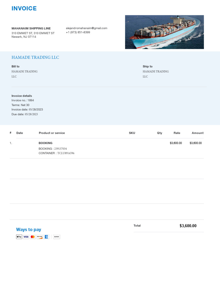 Invoice 1894 From Mahanaim Shipping Line | PDF